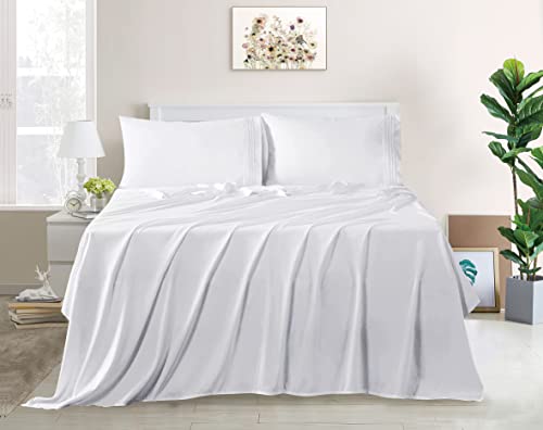wavveUziz Bed Sheet Set Super Soft 100% Microfiber Sheet 1800 Brushed Microfiber Embroidered Queen Size Bed Sheets 16-Inch Deep Pocket - 4 Piece, White