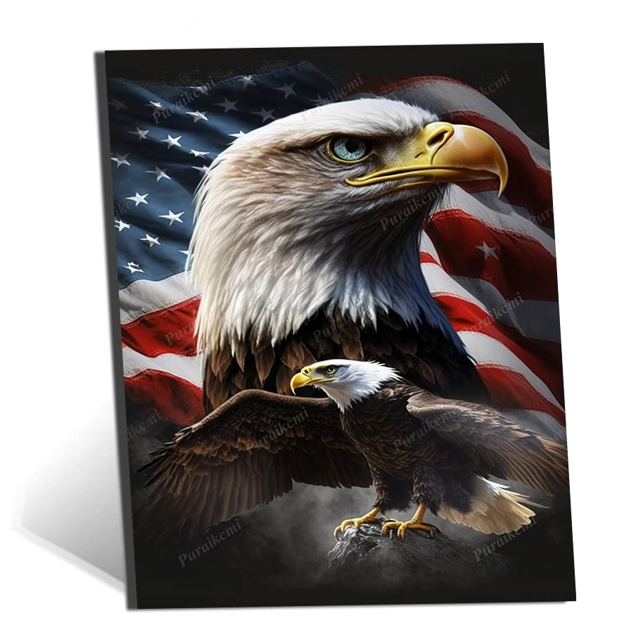 Puraikcmi 4th of July Diamond Paintings Kits for Adults Kids Eagle American Flag 16x20 Inch Patriotic Diamond Art Round Diamonds Dots Gem Wall Decor