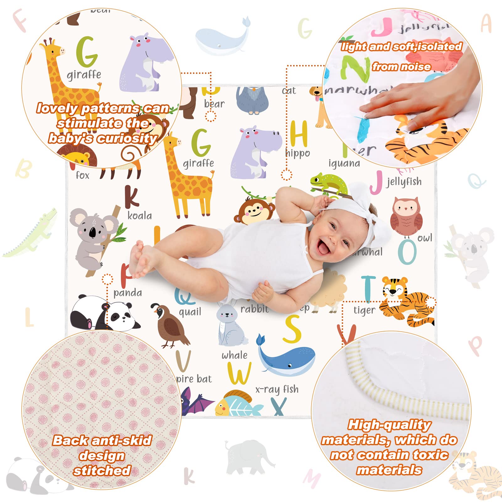 Tradder Alphabet ABC Portable Baby Play Mat 43 x 43 Inch Boho Animal Washable Foldable Non-Slip Crawling Mat for Babies Kids Play Mats Pad for Floor Playpen Toddler Infants Tummy Time Activity Mat