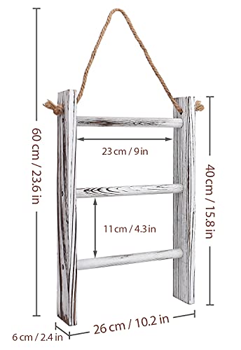 3-Tier Wood Tower Ladder Rack with Rope, Hanging Wooden Blanket Storage Organizer for Bathroom, Small Farmhouse Storage Shelf Rustic and Decorative