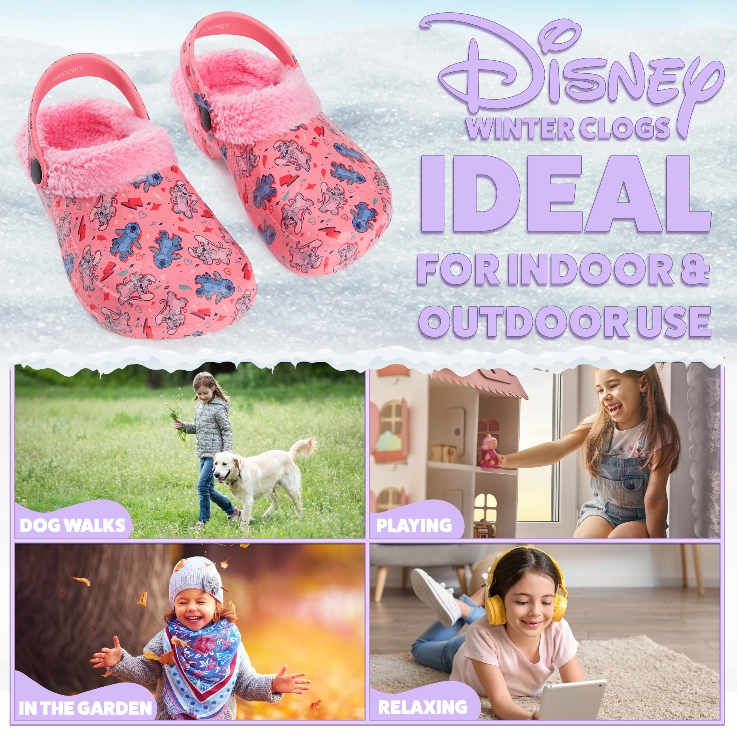 Disney Stitch Girls Clogs - Fleece Lined Clogs - Stitch Gifts (Pink Stitch/Angel, 4/5 US)
