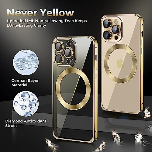 Metal Magnetic Clear Case for iPhone 13 Pro Max [CD Pattern for Magsafe Ring & Safety Lock] [Metal Frame Bumper] [Integrated Camera Lens Protector] Shock-Absorb Case, Clear Back Cover - Luxury Gold
