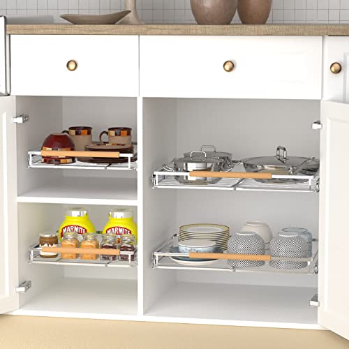 WEJIPP Pull Out Cabinet Organizer Expendable Heavy Duty Slide Out Shelf Drawer Storage Organizer for Under Sink Pantry Closet Under Cabinet Stainless Steel Shelf Holder