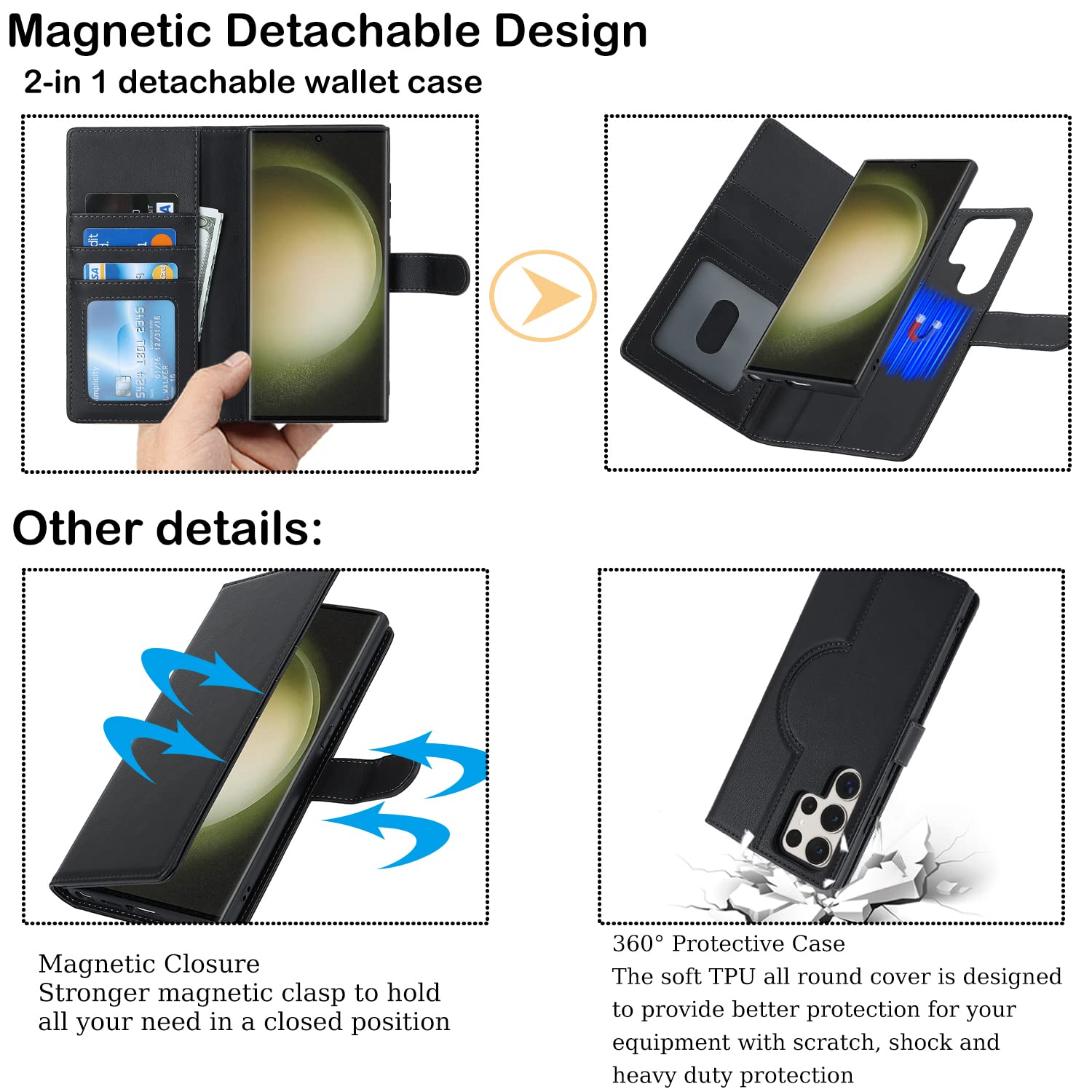 Havaya for Samsung Galaxy S23 Ultra Case Wallet magsafe Compatible Galaxy S23 Ultra Wallet case with Card Holder Detachable Magnetic flip Leather Cover for Men and Women-Black