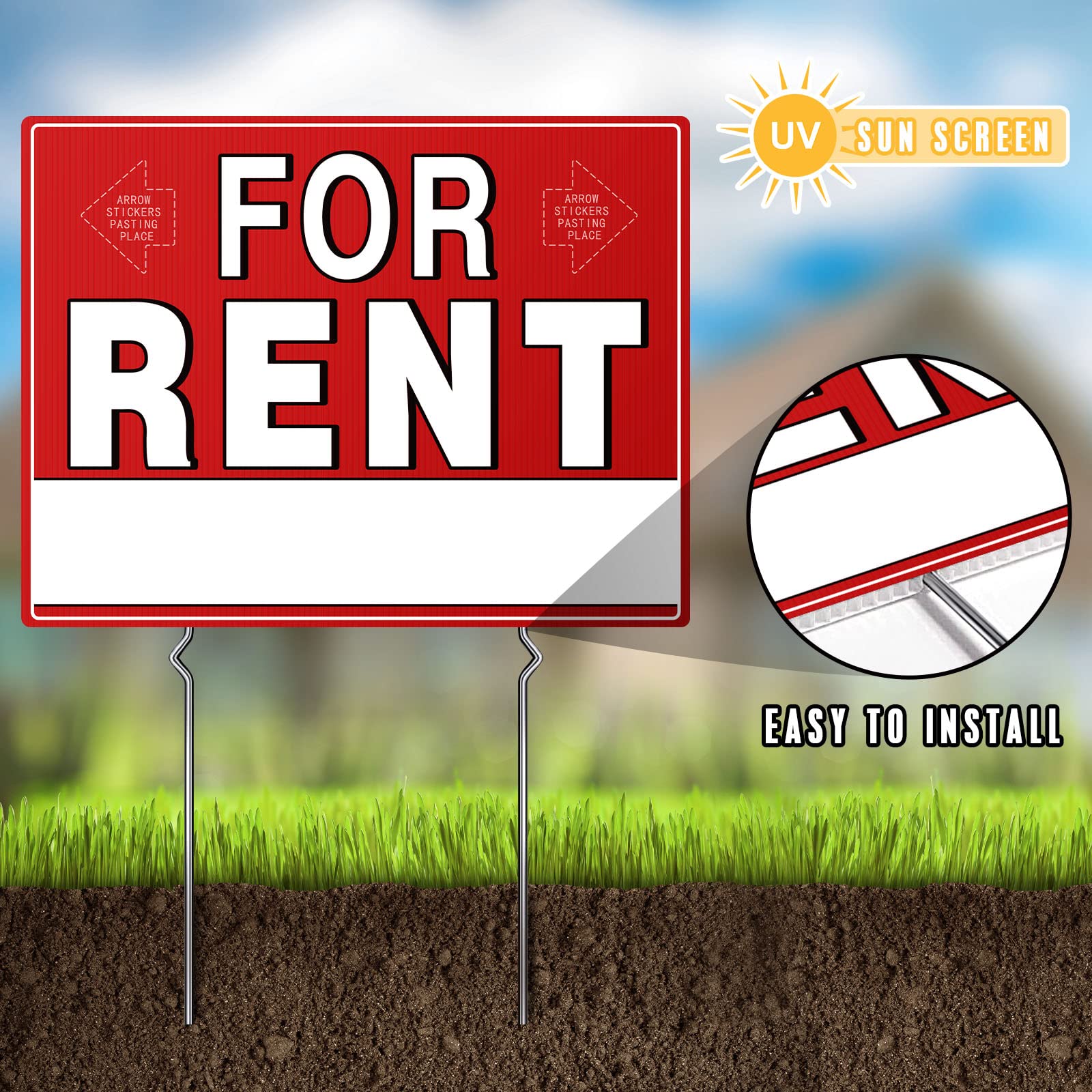 For Rent Sign with Tall Stakes, 17" x 13", For Rent Sign with Arrow Stickers, Double-Sided Yard Signs, For Rent Signs with Metal Stakes, WEATHER-PROOF, (2 Pack)