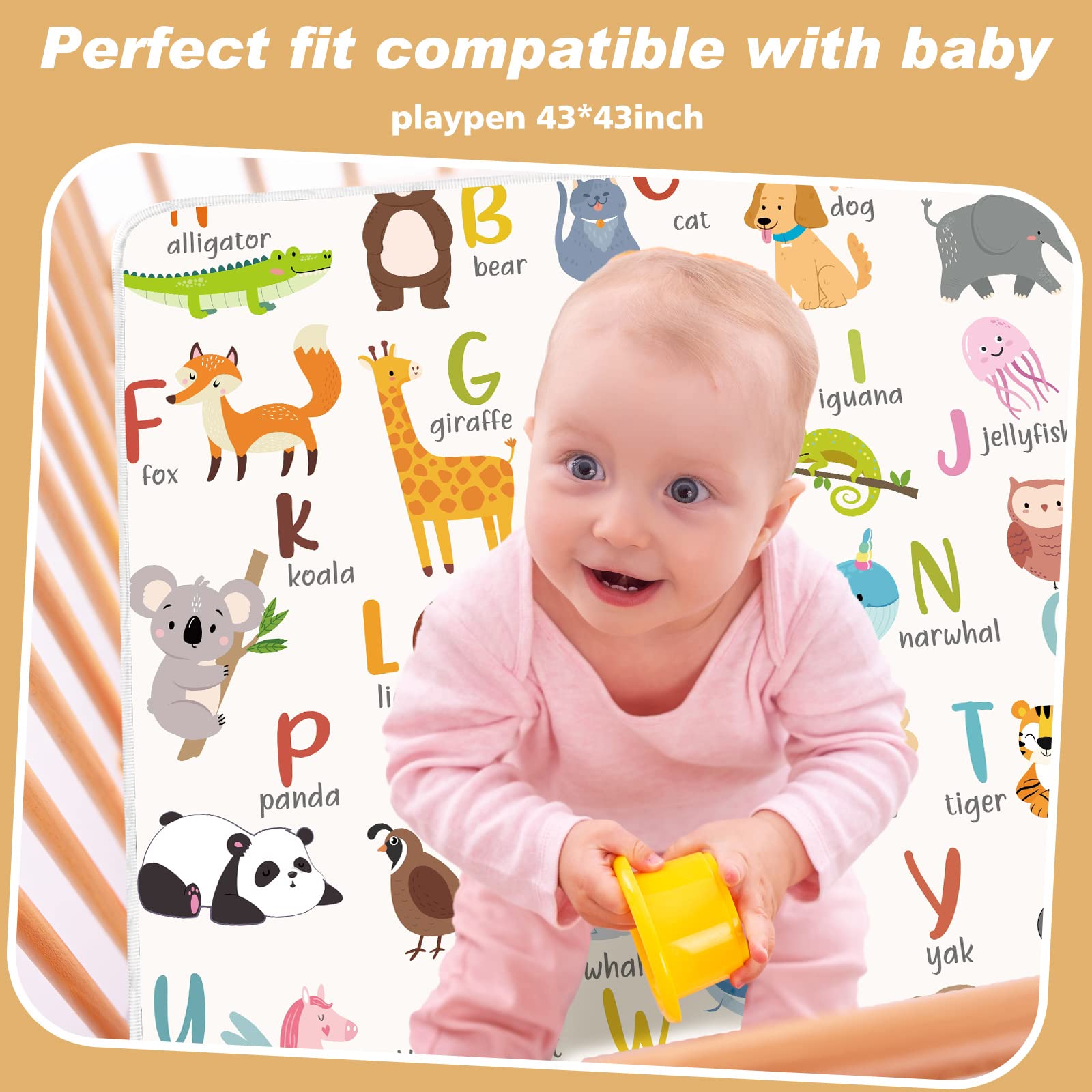 Tradder Alphabet ABC Portable Baby Play Mat 43 x 43 Inch Boho Animal Washable Foldable Non-Slip Crawling Mat for Babies Kids Play Mats Pad for Floor Playpen Toddler Infants Tummy Time Activity Mat