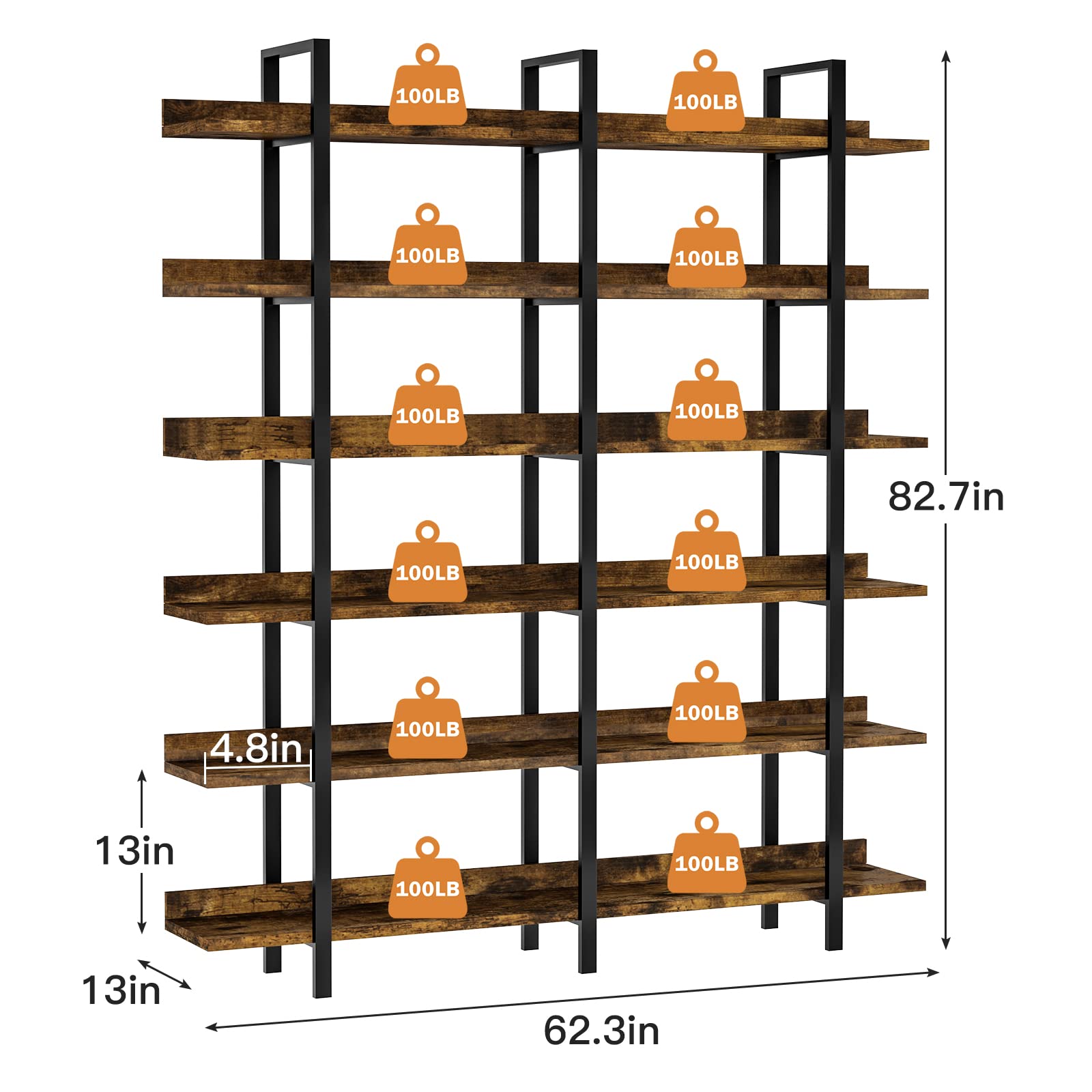 FRAPOW 83Inch Industrial Bookshelf and Bookcase, Double Wide 6 Tier Large Vintage Book Shelf with Metal Frame Open Bookshelves for Living Room Home Office