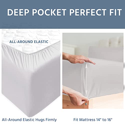 wavveUziz Bed Sheet Set Super Soft 100% Microfiber Sheet 1800 Brushed Microfiber Embroidered Queen Size Bed Sheets 16-Inch Deep Pocket - 4 Piece, White