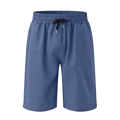 Male Summer Solid Color Zipper Pockets Striped Pants Pocket Drawstring Loose Casual Sports Running Pt Shorts (1-Navy, L)
