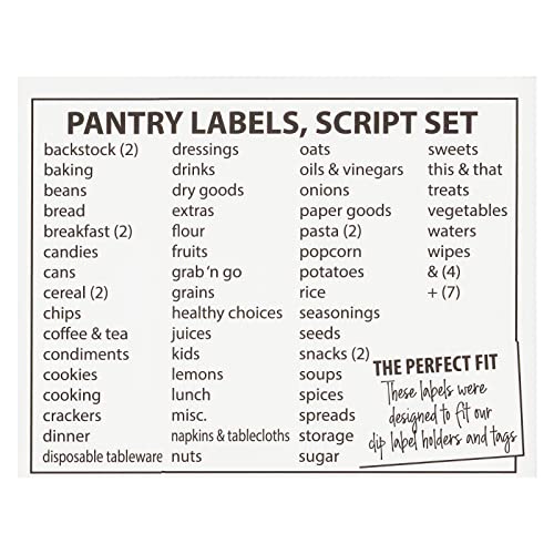 Set of 8 Wooden Clip On Pantry Label Holders for Storage Bins + 70 Preprinted White on Clear Script Stickers for Kitchen Organization, Baskets, Containers