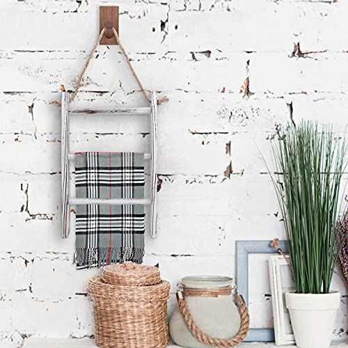 3-Tier Wood Tower Ladder Rack with Rope, Hanging Wooden Blanket Storage Organizer for Bathroom, Small Farmhouse Storage Shelf Rustic and Decorative