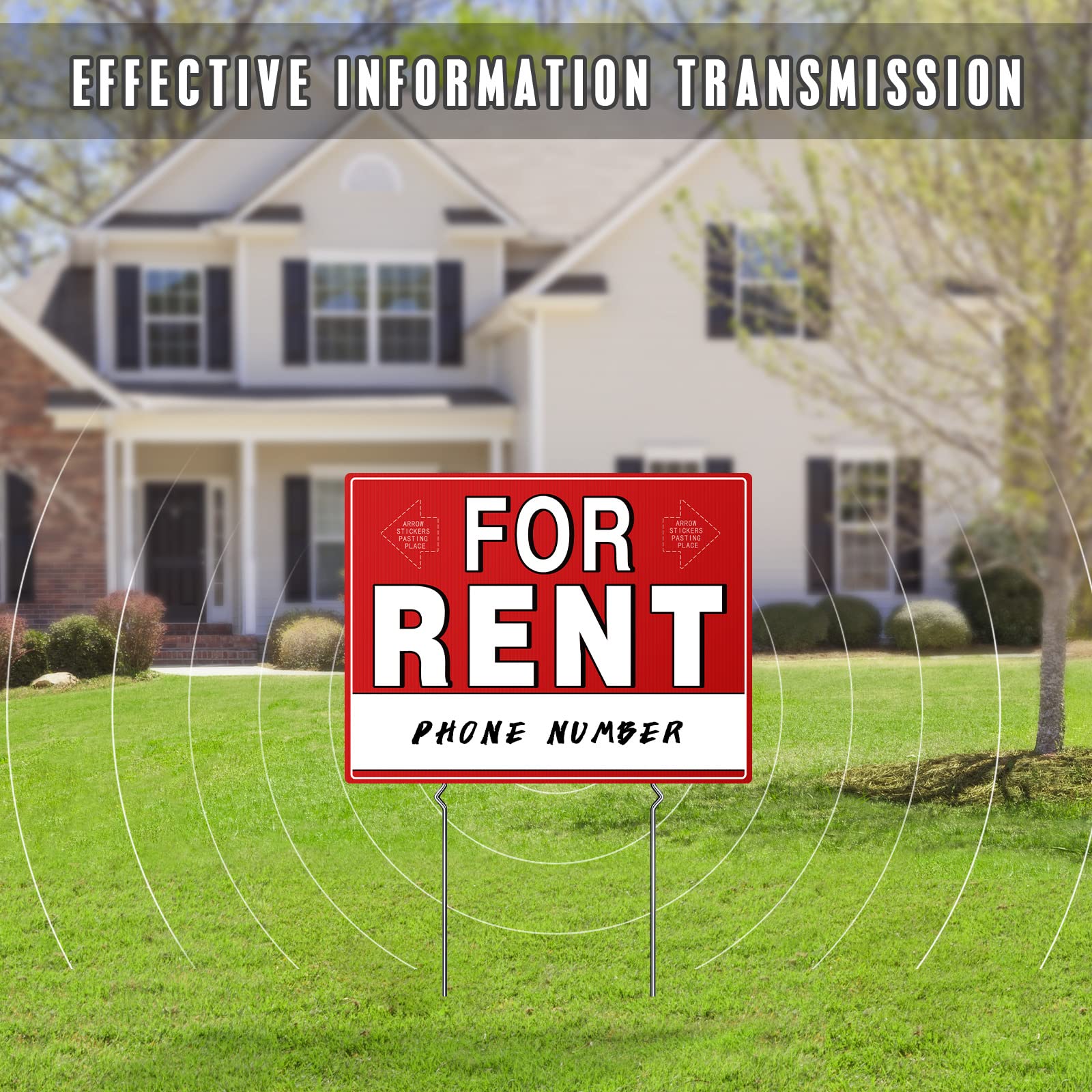 For Rent Sign with Tall Stakes, 17" x 13", For Rent Sign with Arrow Stickers, Double-Sided Yard Signs, For Rent Signs with Metal Stakes, WEATHER-PROOF, (2 Pack)