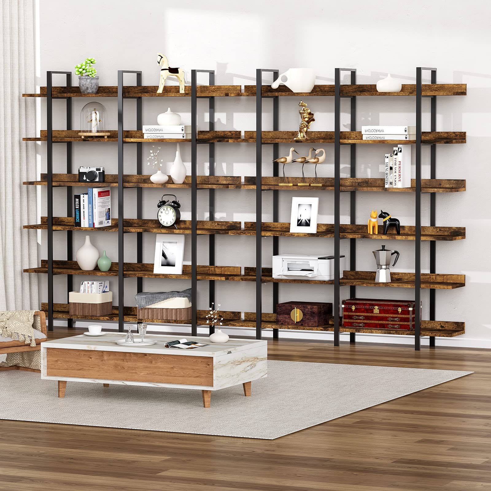 FRAPOW 83Inch Industrial Bookshelf and Bookcase, Double Wide 6 Tier Large Vintage Book Shelf with Metal Frame Open Bookshelves for Living Room Home Office