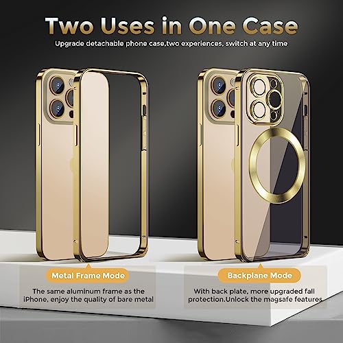 Metal Magnetic Clear Case for iPhone 13 Pro Max [CD Pattern for Magsafe Ring & Safety Lock] [Metal Frame Bumper] [Integrated Camera Lens Protector] Shock-Absorb Case, Clear Back Cover - Luxury Gold