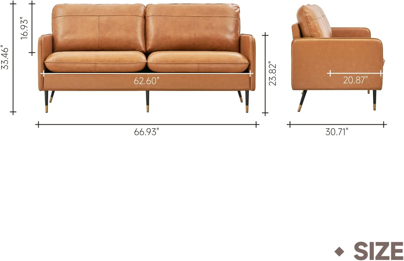 Z-hom 67" Top-Grain Leather Sofa, 2 Seater Loveseat Couch, Mid-Century Modern Leather Couch for Living Room Bedroom Apartment Office, Cognac Tan