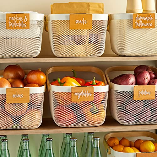 Set of 8 Wooden Clip On Pantry Label Holders for Storage Bins + 70 Preprinted White on Clear Script Stickers for Kitchen Organization, Baskets, Containers