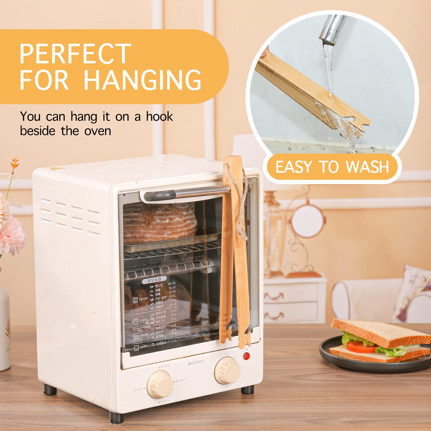Recsrdce (11 inches Oven Rack Puller, bamboo cooking tongs, Salad pliers,toaster tongs)and(8inches Cream spatula,mini serrated knif,Wooden handle/Stainless steel spatula blade )