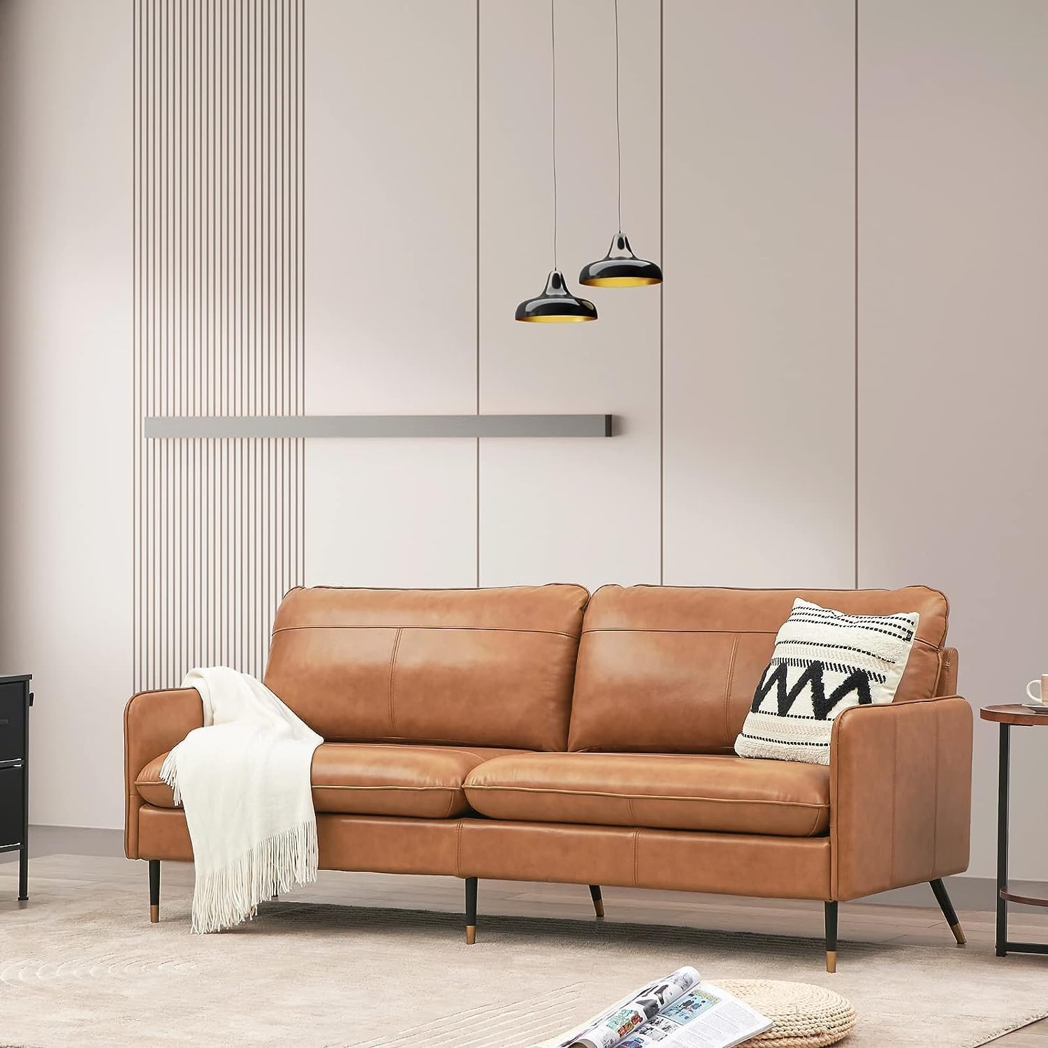 Z-hom 67" Top-Grain Leather Sofa, 2 Seater Loveseat Couch, Mid-Century Modern Leather Couch for Living Room Bedroom Apartment Office, Cognac Tan