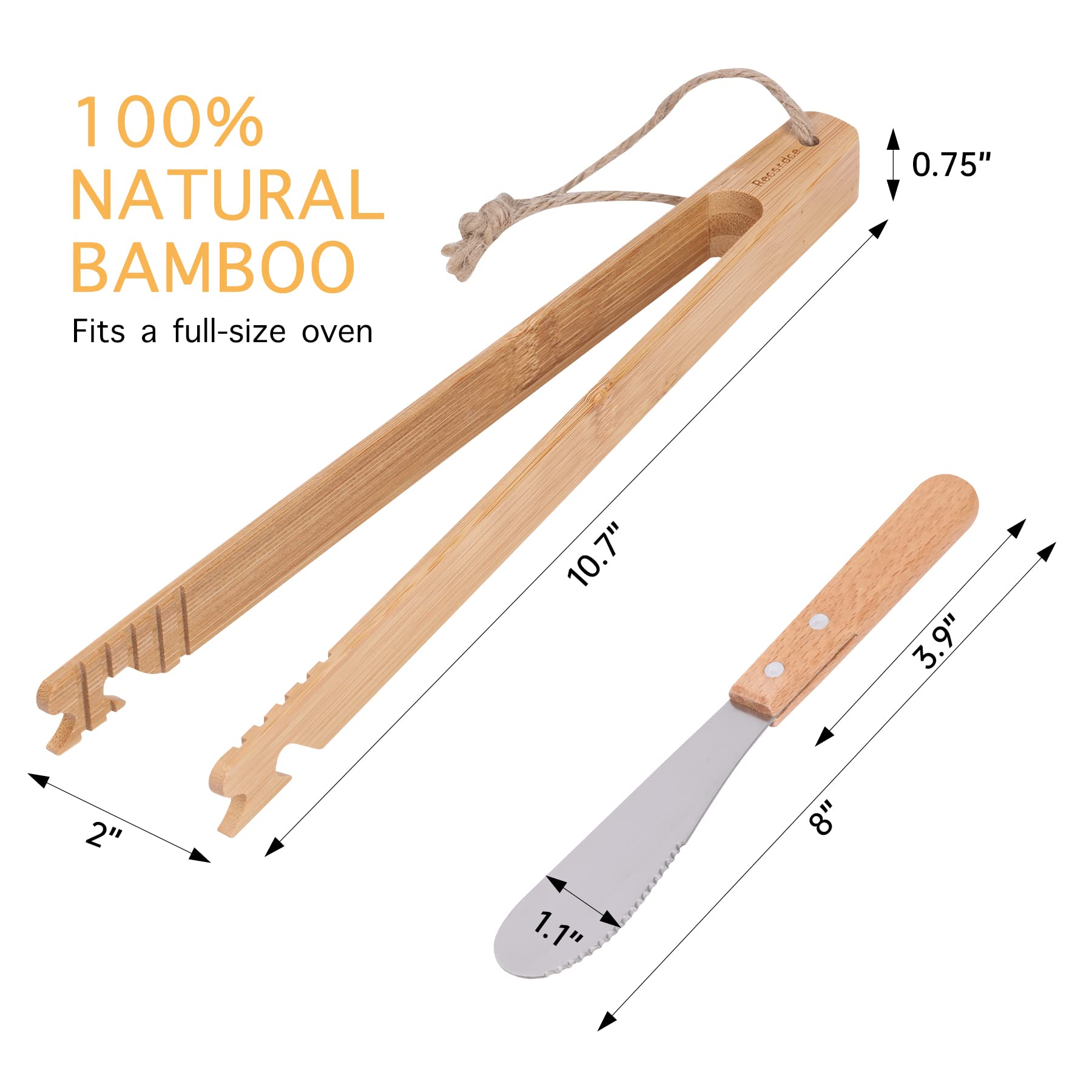 Recsrdce (11 inches Oven Rack Puller, bamboo cooking tongs, Salad pliers,toaster tongs)and(8inches Cream spatula,mini serrated knif,Wooden handle/Stainless steel spatula blade )