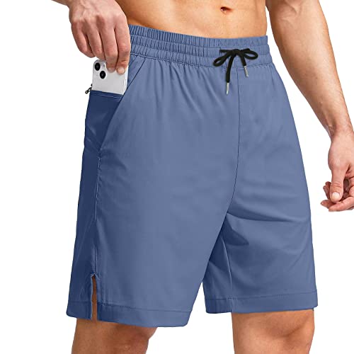 Male Summer Solid Color Zipper Pockets Striped Pants Pocket Drawstring Loose Casual Sports Running Pt Shorts (1-Navy, L)