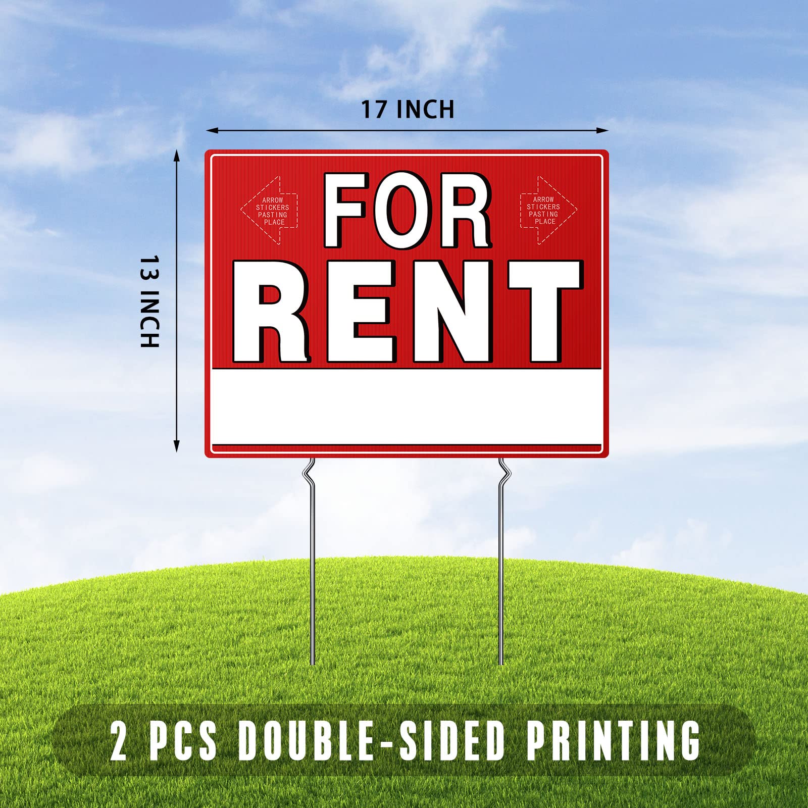 For Rent Sign with Tall Stakes, 17" x 13", For Rent Sign with Arrow Stickers, Double-Sided Yard Signs, For Rent Signs with Metal Stakes, WEATHER-PROOF, (2 Pack)
