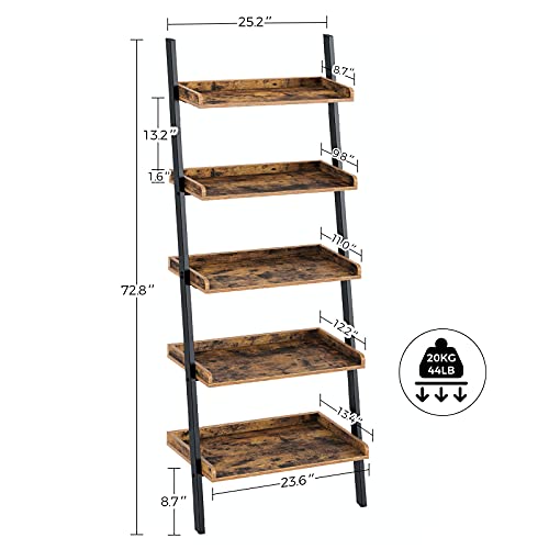 Rolanstar Bookshelf 5-Tier, Open Wall Mount Ladder Bookshelf, 72.8ββH Industrial Etagere Bookcase, Freestanding Bathroom Storage Rack Plant Stand for Living Room, Bedroom, Office, Rustic Brown