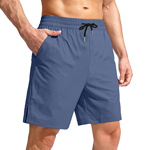 Male Summer Solid Color Zipper Pockets Striped Pants Pocket Drawstring Loose Casual Sports Running Pt Shorts (1-Navy, L)