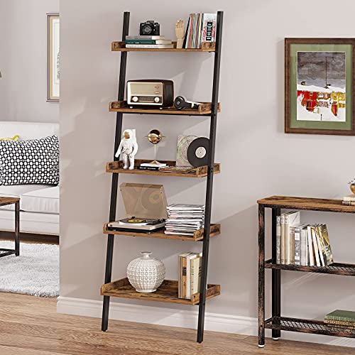Rolanstar Bookshelf 5-Tier, Open Wall Mount Ladder Bookshelf, 72.8ββH Industrial Etagere Bookcase, Freestanding Bathroom Storage Rack Plant Stand for Living Room, Bedroom, Office, Rustic Brown