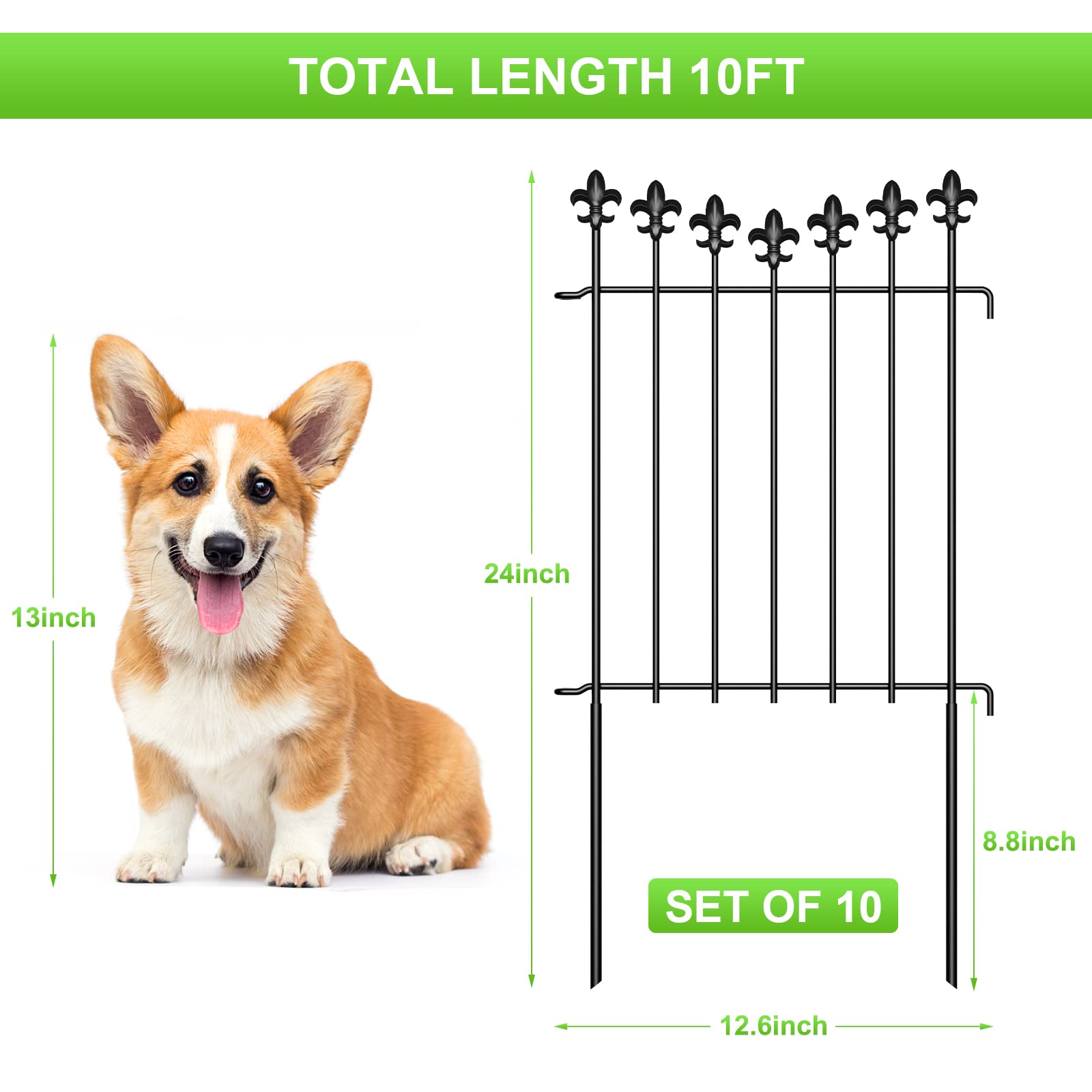 OUSHENG 10 Pack Decorative Garden Fence, Total 10ft(L) x 24in(H) Animal Barrier Border, Rustproof Metal Wire Section Edging Fencing Panel for Outdoor Patio Garden Yard