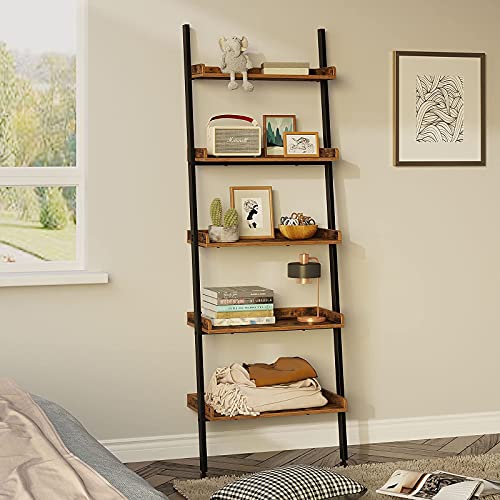 Rolanstar Bookshelf 5-Tier, Open Wall Mount Ladder Bookshelf, 72.8ββH Industrial Etagere Bookcase, Freestanding Bathroom Storage Rack Plant Stand for Living Room, Bedroom, Office, Rustic Brown