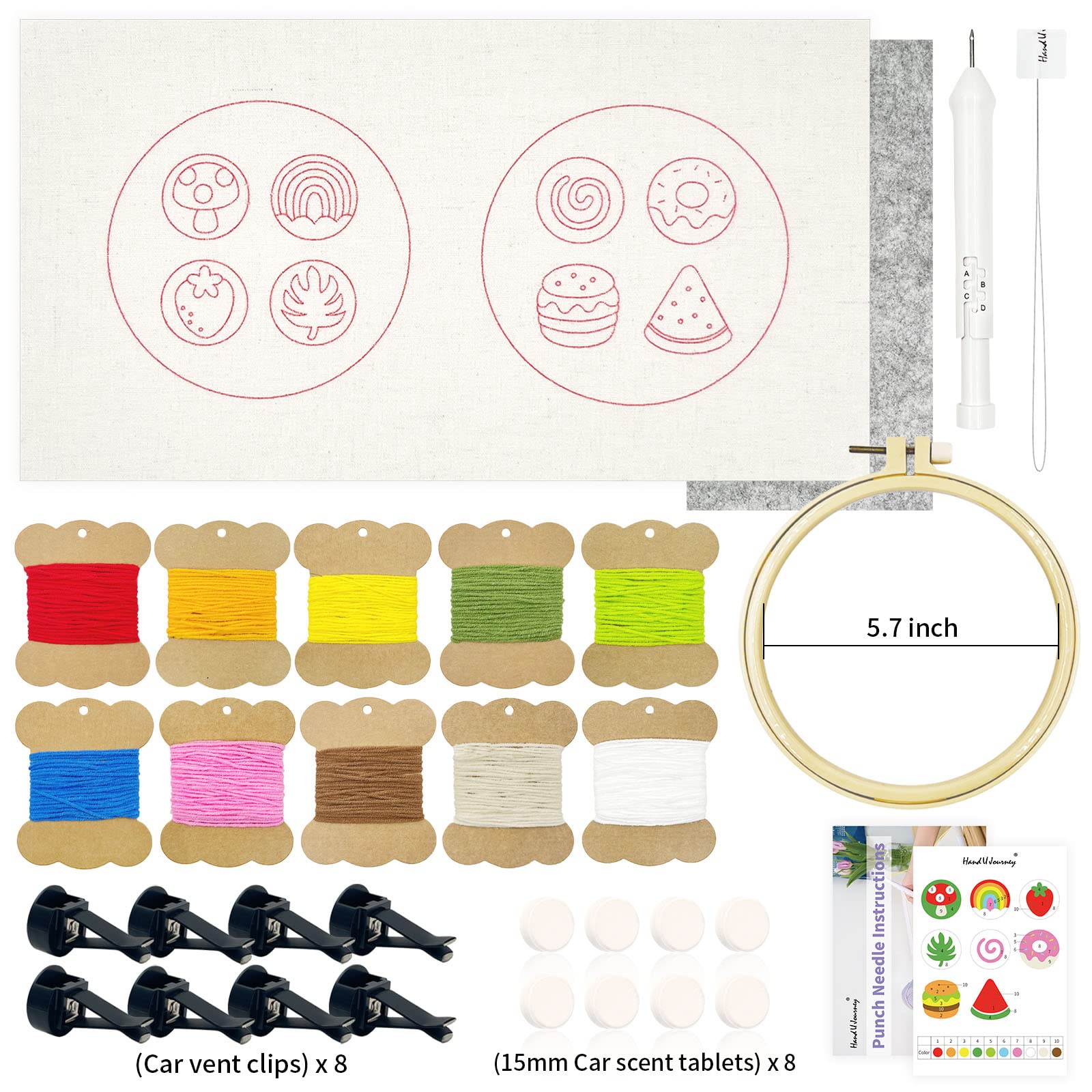 Hand U Journey Car Vent Clip Embroidery Punch Needle Kit - DIY Needlework Set for Creative Car Decor with Aromatherapy Pads and Plastic Stand