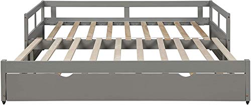 MERITLINE Daybed with Trundle,Twin to King Trundle Bed Extendable Design, Wooden Daybed/Sofa Bed for Bedroom Living Room,No Box Spring Needed,Grey