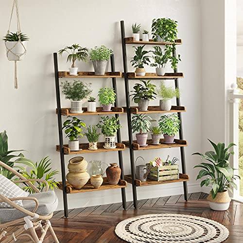 Rolanstar Bookshelf 5-Tier, Open Wall Mount Ladder Bookshelf, 72.8ββH Industrial Etagere Bookcase, Freestanding Bathroom Storage Rack Plant Stand for Living Room, Bedroom, Office, Rustic Brown