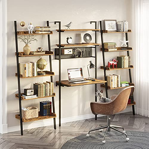 Rolanstar Bookshelf 5-Tier, Open Wall Mount Ladder Bookshelf, 72.8ββH Industrial Etagere Bookcase, Freestanding Bathroom Storage Rack Plant Stand for Living Room, Bedroom, Office, Rustic Brown