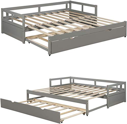 MERITLINE Daybed with Trundle,Twin to King Trundle Bed Extendable Design, Wooden Daybed/Sofa Bed for Bedroom Living Room,No Box Spring Needed,Grey