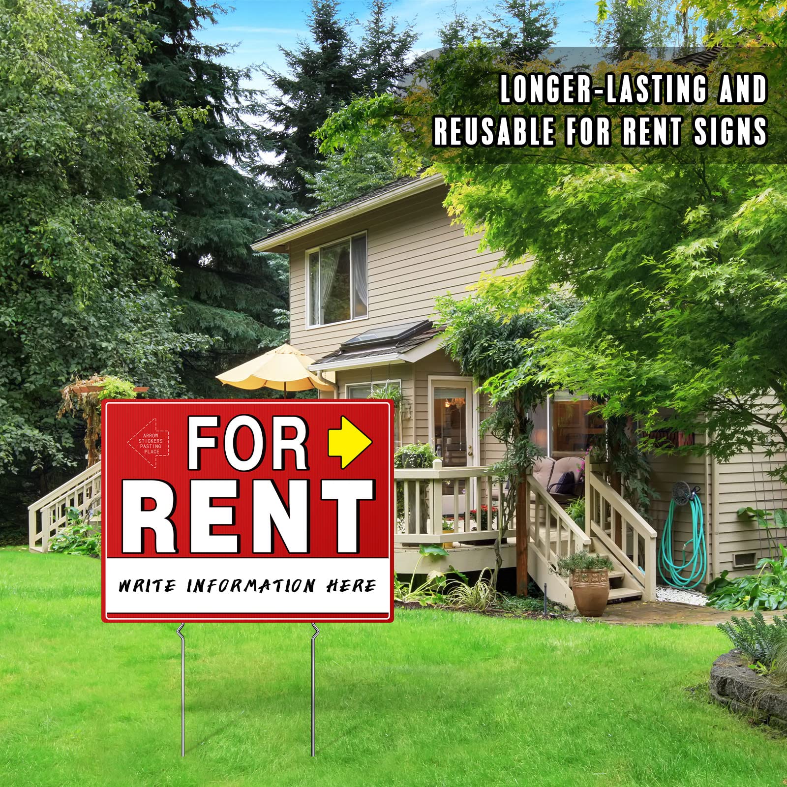 For Rent Sign with Tall Stakes, 17" x 13", For Rent Sign with Arrow Stickers, Double-Sided Yard Signs, For Rent Signs with Metal Stakes, WEATHER-PROOF, (2 Pack)