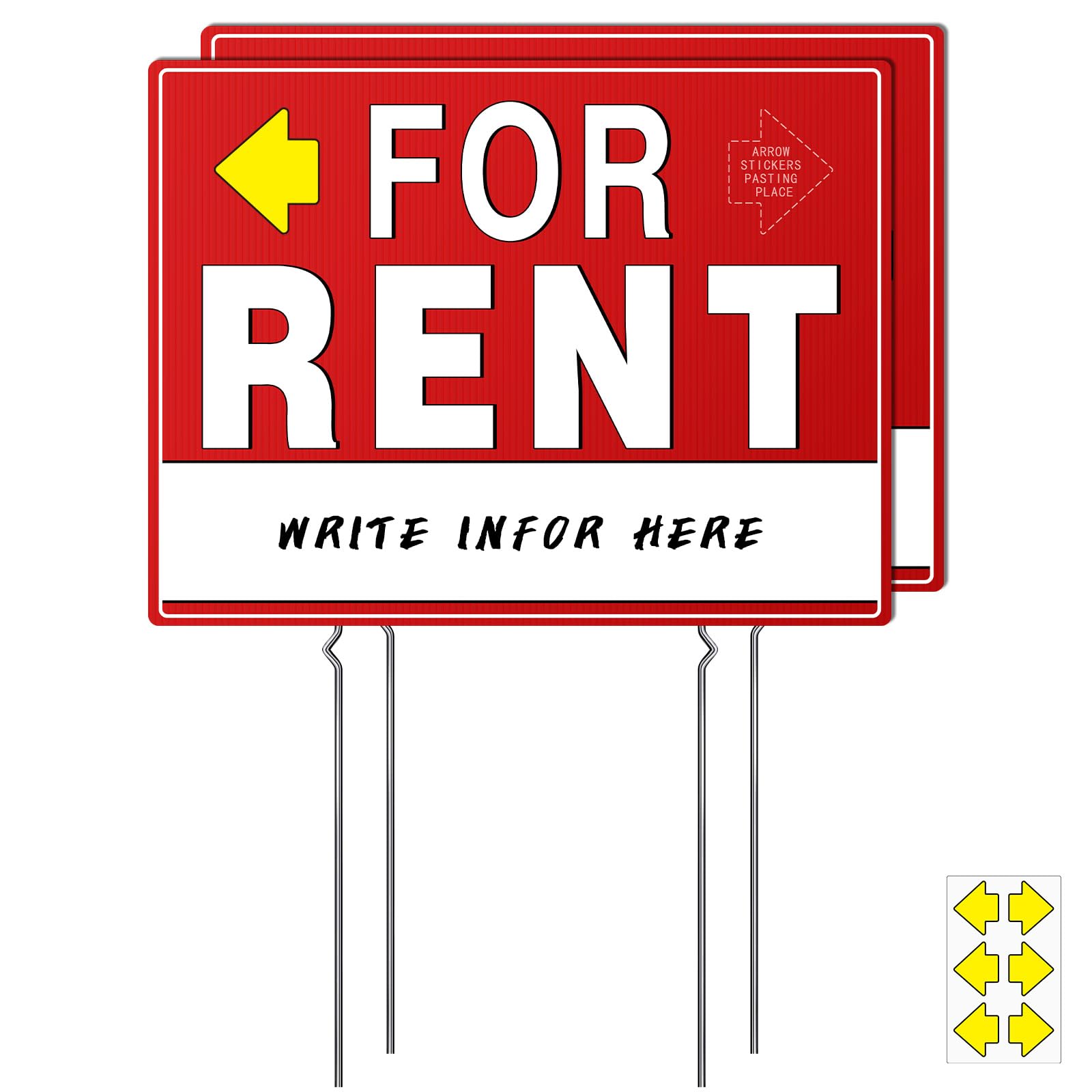 For Rent Sign with Tall Stakes, 17" x 13", For Rent Sign with Arrow Stickers, Double-Sided Yard Signs, For Rent Signs with Metal Stakes, WEATHER-PROOF, (2 Pack)