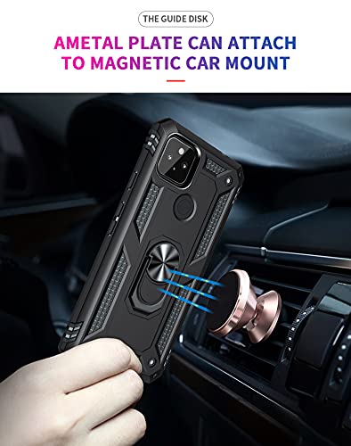 Oborzian Compatible for Google Pixel 5A Case with Screen Protector, Heavy Military Grade 360° Rotating Kickstand Holder TPU Phone Cover for Google Pixel 5A 5G(Black)