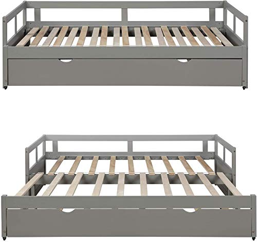 MERITLINE Daybed with Trundle,Twin to King Trundle Bed Extendable Design, Wooden Daybed/Sofa Bed for Bedroom Living Room,No Box Spring Needed,Grey