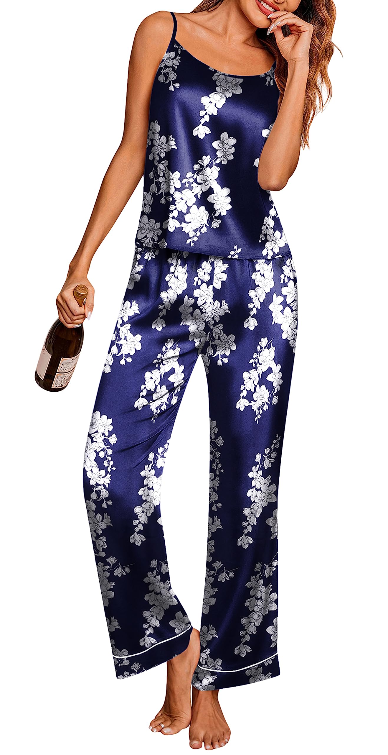 Ekouaer Women Silk Satin Pajamas Sleeveless Pjs Set 2 Piece Summer Loungewear Sleepwear with Pockets Blue and White Floral,L