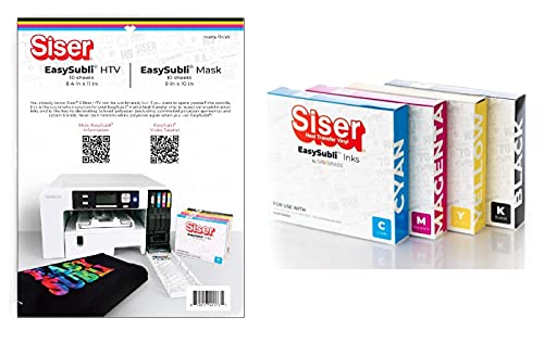Sawgrass EASYSUBLI Sublimation Ink cartridges for SG500 Printer (Full Set) Bundle with EasySubli HTV Heat Transfer Vinyl - 10 Sheets EasySubli 8.4x11 and 10 Sheets EasySubli Mask 8x10 for Siser Users