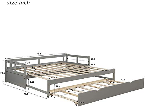 MERITLINE Daybed with Trundle,Twin to King Trundle Bed Extendable Design, Wooden Daybed/Sofa Bed for Bedroom Living Room,No Box Spring Needed,Grey