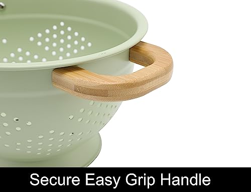 Molomax Metal Colander with Wood Handle | Set of 3 with Bamboo Handles | 1.5Q, 3Q, 5Q (Sage Leaf Green)