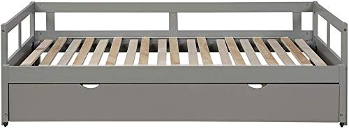 MERITLINE Daybed with Trundle,Twin to King Trundle Bed Extendable Design, Wooden Daybed/Sofa Bed for Bedroom Living Room,No Box Spring Needed,Grey