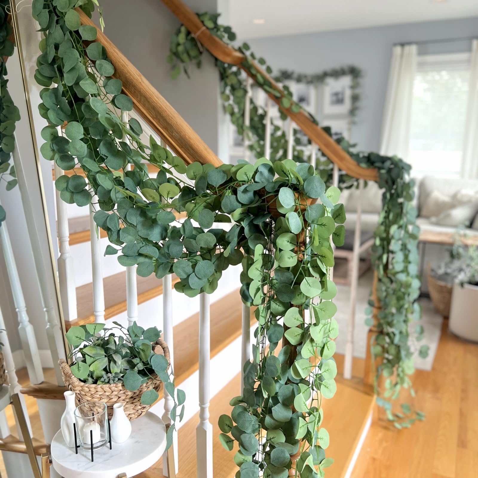 CQURE 14Pcs Eucalyptus Garland,Artificial Eucalyptus Leaves Table Greenery Garland Wreath Vines for Wedding Party Table Fireplace Bedroom Wall Room Decor