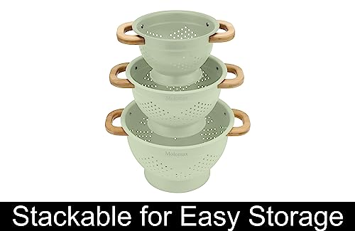 Molomax Metal Colander with Wood Handle | Set of 3 with Bamboo Handles | 1.5Q, 3Q, 5Q (Sage Leaf Green)