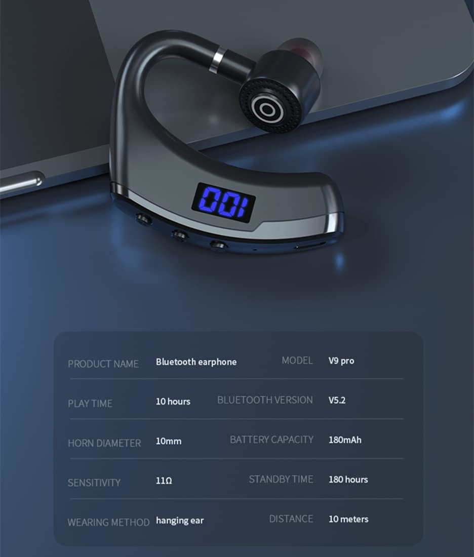 Bluetooth Headphone Single Ear Hook Wireless Business Headset with Mic Noise Cancelling Waterproof Earphone for L&R Ear