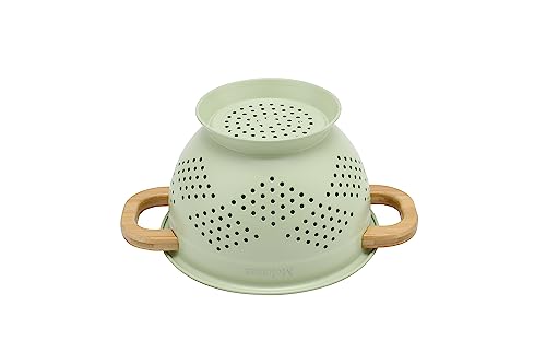 Molomax Metal Colander with Wood Handle | Set of 3 with Bamboo Handles | 1.5Q, 3Q, 5Q (Sage Leaf Green)