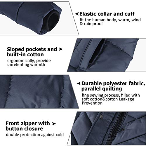 BINACL Women's Winter Warm Thickened Long Coat with Detachable Faux Fur Hood Outwear Zip Up Cotton Jacket with Pockets (Navy,XXL)