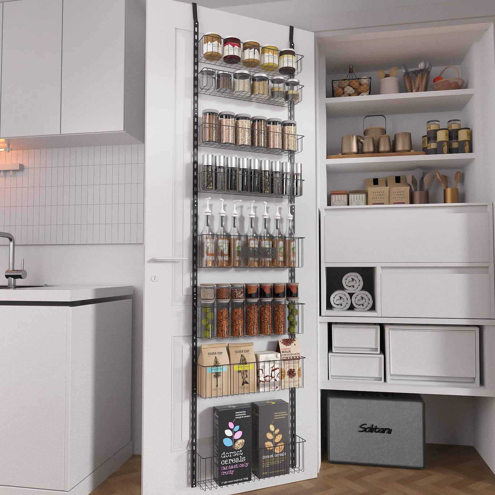Shengsite 8-Tier Over the Door Pantry Organizer, Heavy-Duty Metal Pantry Door Organizer with 4 Long and 4 Short Baskets, Dual-use Hanging or Wall Mount Spice Rack Organizer, Black